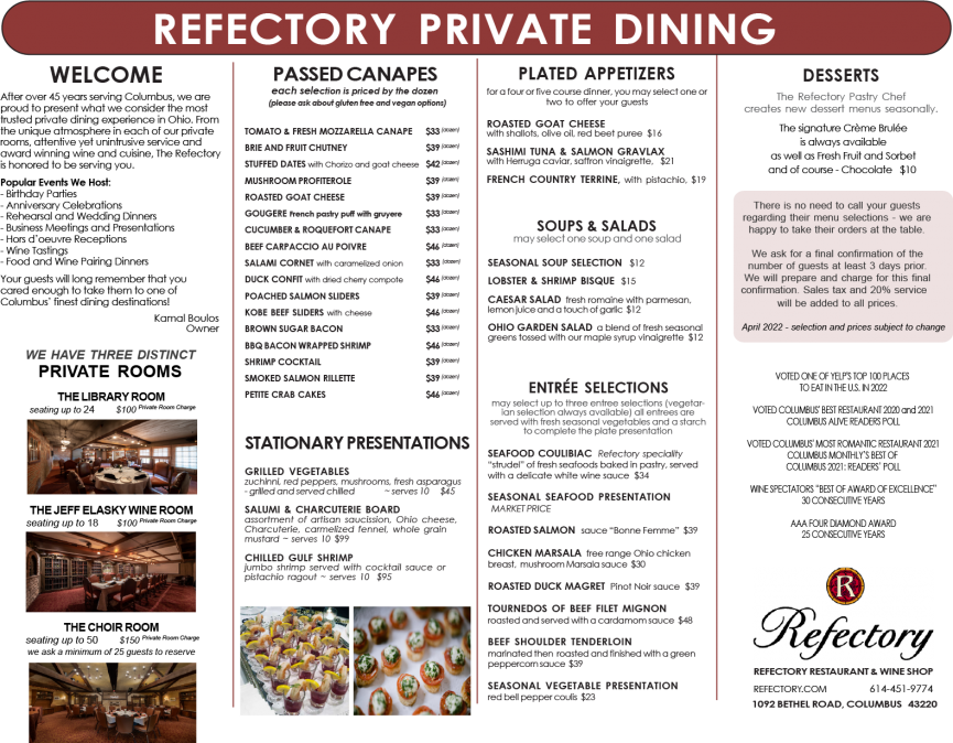 Private Dining Menu - Refectory Restaurant