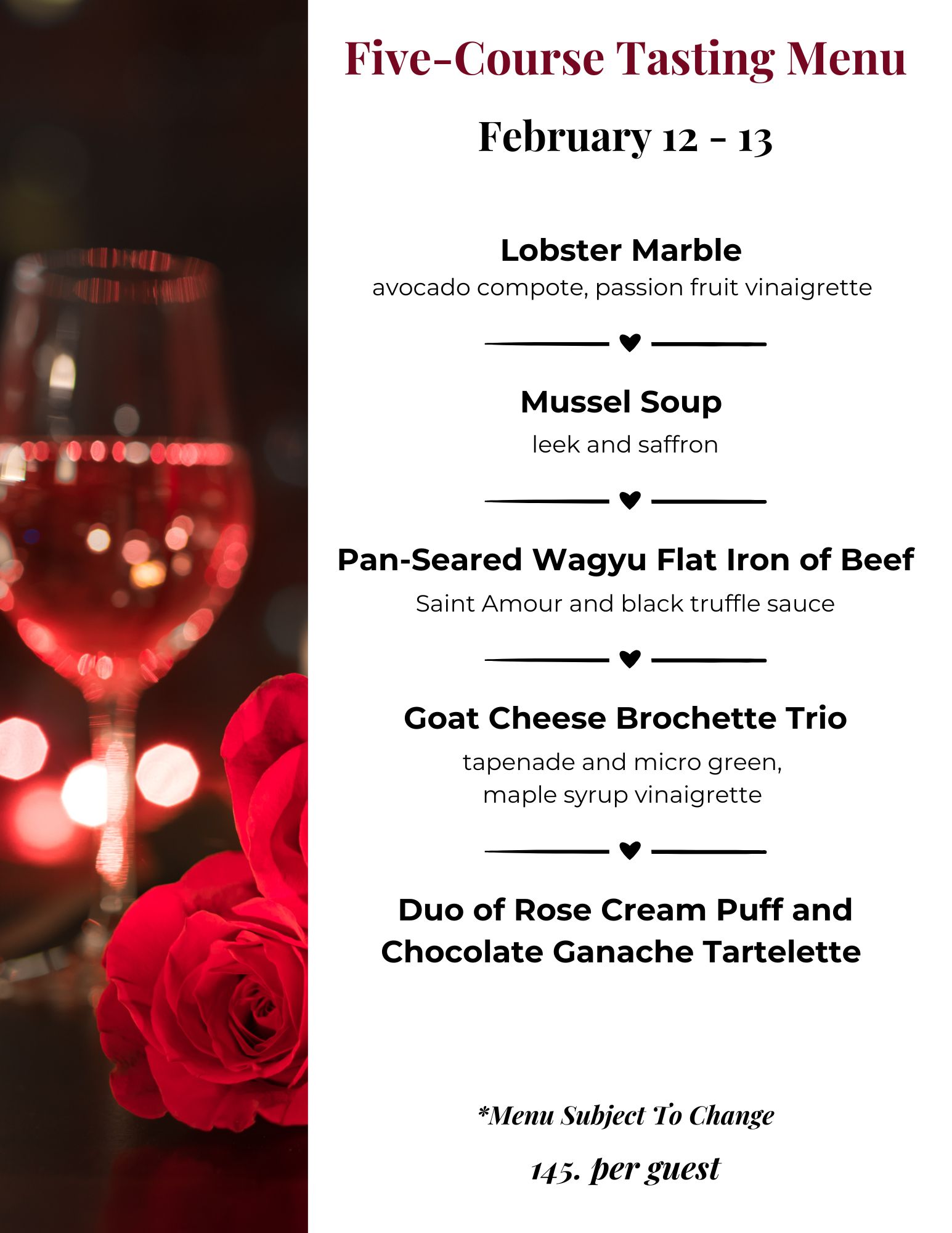 Valentines Day Dinner Menu - Refectory Restaurant