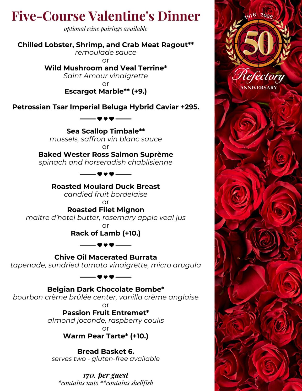 Valentines Day Dinner Menu - Refectory Restaurant